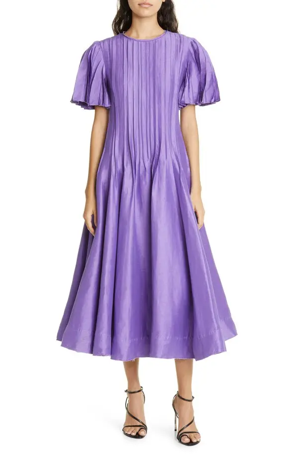Aje Nova Pleated Linen Blend Midi Dress In Deep Violet - 65